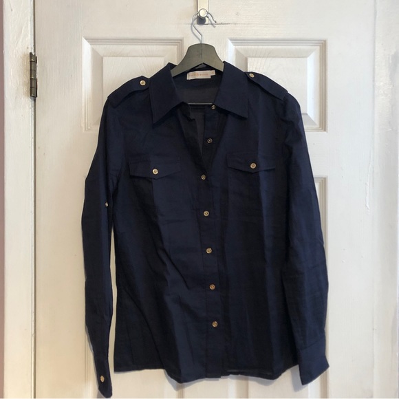 Tory Burch | Tops | Tory Burch Brigitte Button Down Top Navy Blue Gold ...